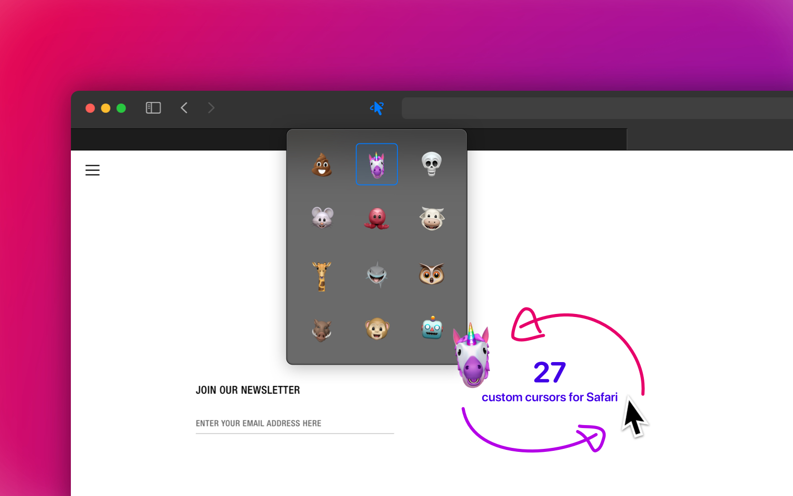 Funny Cursors for Safari – 27 custom cursor styles for the browser
